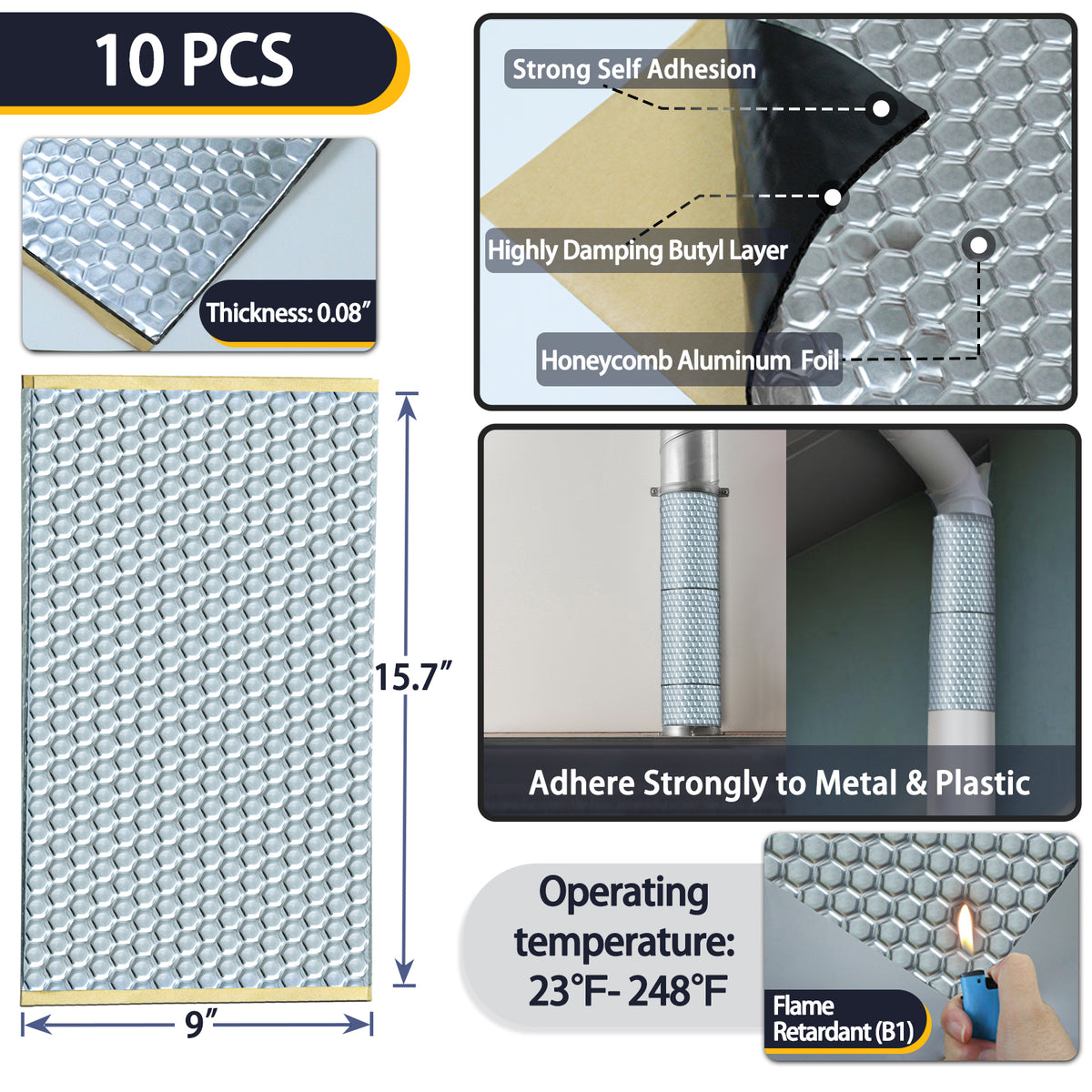 Vibration Damping Mat, 10 pcs 15.7 x 9 x 0.08 Inches Self-Adhesive Sou ...