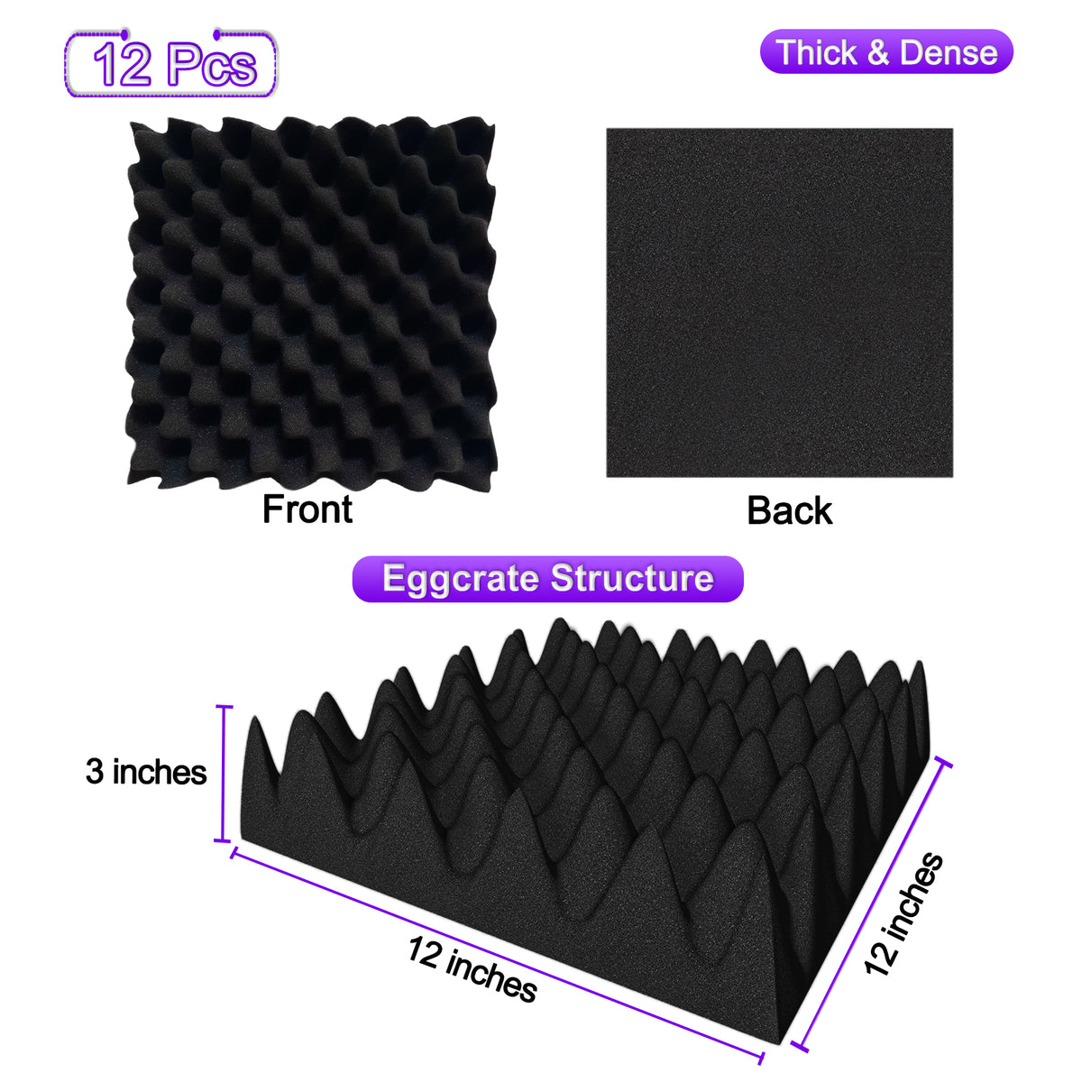 Thick Acoustic Foam Panels, 12 X 12 X 3 Inch 12 Pcs Eggcrate Sound Abs ...
